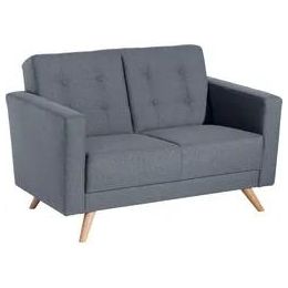 2-Sitzer Max Winzer "Julius zeitlos, elegant im skandinavischen Stil, mit hohem Sitzkomfort" Sofas Gr. B/H/T: 128cm x 81cm x 83cm, Strukturwebstoff 16523, blau (denim) mit Knopfheftung, Retro, schmale Armlehnen, Breite 128 cm