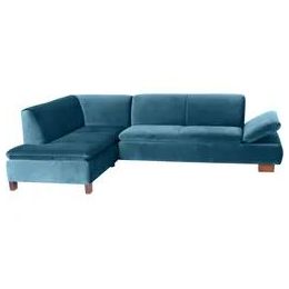 Ecksofa Max Winzer "Tampere modern, edler Samtvelours Bezug, Mattenoptik im Sitz, bequem" Sofas Gr. B/H/T: 273cm x 75cm x 190cm, Samtvelours, Ottomane links, blau (petrol) mit Armlehnverstellung, Ottomane wahlweise rechts oder links, L-Form