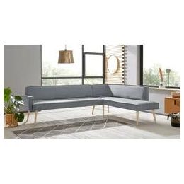 Eckbank exxpo - SOFA FASHION "Lungo, moderne Kedernaht, bequem und elegant, hoher Holzfuß" Sitzbänke Gr. B/H/T: 198cm x 84cm x 260cm, Webstoff, langer Schenkel links, weiß (silber) hochwertige Detailverarbeitung, frei im Raum stellbar