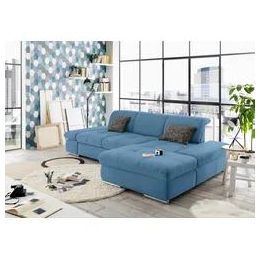 Ecksofa SET ONE BY Musterring "SO4100 V" Sofas Gr. B/H/T: 284cm x 80cm x 190cm, Luxus-Microfaser Paris, Recamiere rechts, ohne Funktion-Federkern-Wellenunterfederung, blau (hellblau) mit verstellbaren Kopfteilen, wahlweise Funktionen, Cord-Bezug