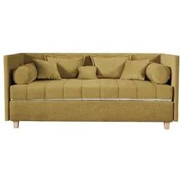 Schlafsofa Alina "Kona" Sofas Gr. B/H/T: 201cm x 90,5cm x 101cm, Struktur fein TCM, gelb (curry tcm 105) 7-Zonen Taschenfederkernmatratze, Zierkissen-Set und Schlummerrollen