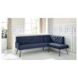 Eckbank exxpo - SOFA FASHION "Doppio, Chesterfield Optik, komfortabel und bequem, hohe Designfüße" Sitzbänke Gr. B/H/T: 158cm x 90cm x 236cm, Samtvelours, langer Schenkel links, blau (navy) Frei im Raum stellbar