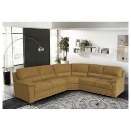 Ecksofa Egoitaliano "Doris, modernes Designerecksofa in hochwertigen Microfaserqualitäten" Sofas Gr. B/H/T: 266cm x 90cm x 246cm, Luxus-Microfaser Lederoptik, langer Schenkel links, gelb edle Detailverarbeitung, wahlweise fleckenabweisend oder in Lederoptik