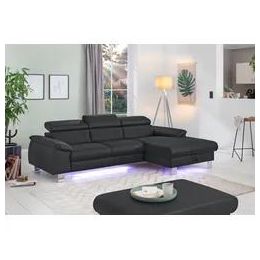 Ecksofa COTTA "Komaris L-Form" Sofas Gr. B/H/T: 244cm x 72cm x 166cm, NaturLEDER, Recamiere rechts, mit Bettfunktion-mit Bettkasten-mit RGB-LED-Beleuchtung, schwarz mit Kopfteilverstellung, wahlweise Bettfunktion,Stauraum & Beleuchtung