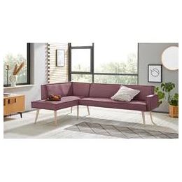 Eckbank exxpo - SOFA FASHION "Lungo, moderne Kedernaht, bequem und elegant, hoher Holzfuß" Sitzbänke Gr. B/H/T: 158cm x 84cm x 239cm, Veloursstoff, langer Schenkel rechts, lila hochwertige Detailverarbeitung, frei im Raum stellbar