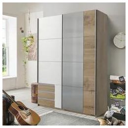 Schwebetürenschrank wimex "Emden moderner Kleiderschrank mit Spiegel und Schubladen BESTSELLER" Schränke Gr. B/H/T: 135 cm x 198 cm x 64 cm, 2, braun (plankeneiche nachbildung, weiß) Schlafzimmer Schrank Garderobenschrank mit Schwebetüren Topseller