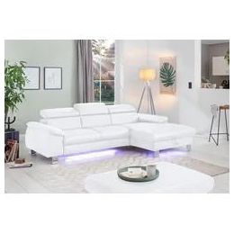 Ecksofa COTTA "Komaris L-Form" Sofas Gr. B/H/T: 244cm x 72cm x 166cm, Kunstleder SOFTLUX, Recamiere rechts, mit Bettfunktion-mit Bettkasten-mit RGB-LED-Beleuchtung, weiß mit Kopfteilverstellung, wahlweise Bettfunktion,Stauraum & Beleuchtung