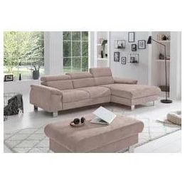 Ecksofa COTTA "Komaris L-Form", braun (mud), B:244cm H:72cm T:166cm, Microfaser PRIMABELLE (100% Polyester), Kunstleder SOFTLUX(100%Polyurethan), Feinstruktur (100% Polyester), Kunstleder SOFTLUX/Struktur (100%Polyurethan, 90%Polyester, 10% Polyacryl), Sofas, mit Kopfteilverstellung, wahlweise Bettfunktion,Stauraum & Beleuchtung, Topseller