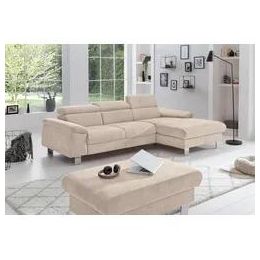 Ecksofa COTTA "Komaris L-Form", beige, B:244cm H:72cm T:166cm, Microfaser PRIMABELLE (100% Polyester), Kunstleder SOFTLUX(100%Polyurethan), Feinstruktur (100% Polyester), Kunstleder SOFTLUX/Struktur (100%Polyurethan, 90%Polyester, 10% Polyacryl), Sofas, mit Kopfteilverstellung, wahlweise Bettfunktion,Stauraum & Beleuchtung, Topseller