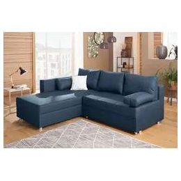 Ecksofa Home Affaire "Italia L-Form" Sofas Gr. B/H/T: 217cm x 80cm x 182cm, Struktur fein, Ottomane beidseitig montierbar, blau mit Bettfunktion und Bettkasten, Federkern-Polsterung