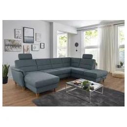 Wohnlandschaft Home Affaire "Palmera U-Form", blau (blaugrau), B:308cm H:89cm T:212cm, 100% Polyester, Struktur (100% Polyester), Luxus-Microfaser in Lederoptik (100% Polyester), Sofas, Federkern, wahlweise mit Bettfunktion und mit/ohne Stauraum