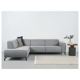 Ecksofa Places of Style "Lorcan, 275 cm, Ottomane" Sofas Gr. B/H/T: 275 cm x 77 cm x 210 cm, Struktur weich, Ottomane links, grau (hellgrau) mit schwarzen Metall Füßen, Bezug aus weichem Strukturstoff