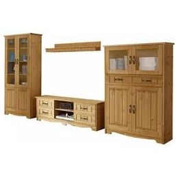 Wohnwand Home Affaire "Trinidad" Kastenmöbel-Sets beige (natur/geölt) Holz Wohnwände Wohnwand Kastenmöbel-Sets Set aus 1 Vitrine, Lowboard, Highboard, Wandboard