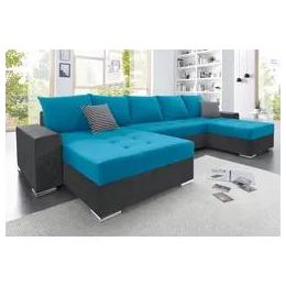 Wohnlandschaft Collection AB "Josy U-Form" Sofas Gr. B/H/T: 333cm x 84cm x 161cm, Microfaser PRIMABELLE, Recamiere beidseitig montierbar, XXL-mit Bettfunktion-mit Bettkasten, blau (anthrazit/blau) inkl. Bettfunktion, Bettkasten und Zierkissen, mit XXL-Recamiere