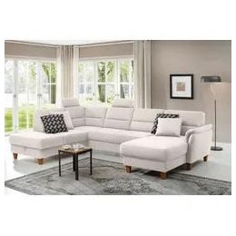 Wohnlandschaft Home Affaire "Palmera U-Form", beige (natur), B:308cm H:89cm T:212cm, 100% Polyester, Struktur (100% Polyester), Luxus-Microfaser in Lederoptik (100% Polyester), Sofas, Federkern, wahlweise mit Bettfunktion und mit/ohne Stauraum, Topseller