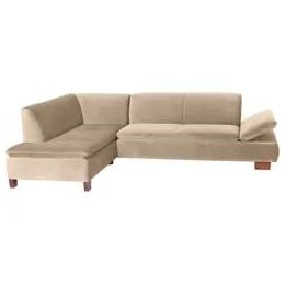 Ecksofa Max Winzer "Tampere modern, edler Samtvelours Bezug, Mattenoptik im Sitz, bequem" Sofas Gr. B/H/T: 273cm x 75cm x 190cm, Samtvelours, Ottomane links, beige (sand) mit Armlehnverstellung, Ottomane wahlweise rechts oder links, L-Form