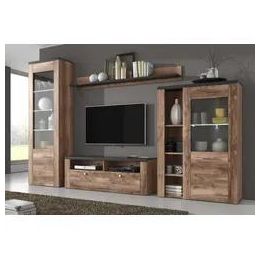 Wohnwand Home Affaire "Larona, Anbauwand, Set 4 Teilig" Kastenmöbel-Sets braun (satin nussbaumfarben, darkwood) bestehend aus 1 TV-Board, Highboard, Vitrine, Wandregal