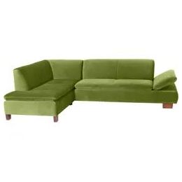 Ecksofa Max Winzer "Tampere modern, edler Samtvelours Bezug, Mattenoptik im Sitz, bequem" Sofas Gr. B/H/T: 273cm x 75cm x 190cm, Samtvelours, Ottomane links, grün (oliv) mit Armlehnverstellung, Ottomane wahlweise rechts oder links, L-Form