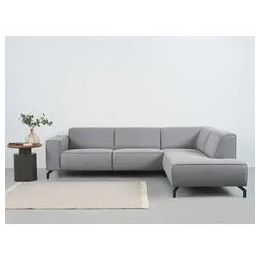 Ecksofa Places of Style "Lorcan, 275 cm, Ottomane" Sofas Gr. B/H/T: 275 cm x 77 cm x 210 cm, Struktur weich, Ottomane rechts, grau (hellgrau) mit schwarzen Metall Füßen, Bezug aus weichem Strukturstoff