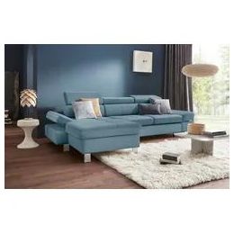 Ecksofa exxpo - SOFA FASHION "Fiji, hochwertige Detailverarbeitung im Sitz und Rücken, L-Form" Sofas Gr. B/H/T: 292cm x 98cm x 167cm, Webstoff, Recamiere links, Mit Bettfunktion, blau bequem durch Kopf- und Armteilverstellung, wahlweise mit Bettfunktion