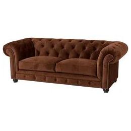 Chesterfield-Sofa Max Winzer "Old England modern, edel, Retro, hochwertig verarbeitet und bequem" Sofas Gr. B/H/T: 218cm x 76cm x 96cm, Microfaser 20441, 2,5-Sitzer, braun mit aufwendiger Knopfheftung, 2-Sitzer oder 2,5-Sitzer