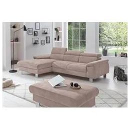 Ecksofa COTTA "Komaris L-Form" Sofas Gr. B/H/T: 244 cm x 72 cm x 166 cm, Microfaser PRIMABELLE, Recamiere links, ohne Bettfunktion-ohne Bettkasten-ohne RGB-LED-Beleuchtung, braun (mud) mit Kopfteilverstellung, wahlweise Bettfunktion,Stauraum & Beleuchtung