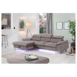 Ecksofa COTTA "Komaris L-Form" Sofas Gr. B/H/T: 244cm x 72cm x 166cm, Microfaser PRIMABELLE, Recamiere links, mit Bettfunktion-mit Bettkasten-mit RGB-LED-Beleuchtung, grau mit Kopfteilverstellung, wahlweise Bettfunktion,Stauraum & Beleuchtung