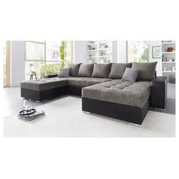 Wohnlandschaft Collection AB "Josy U-Form" Sofas Gr. B/H/T: 333cm x 84cm x 161cm, Kunstleder SOFTLUX-Struktur, Recamiere beidseitig montierbar, XXL-mit Bettfunktion-mit Bettkasten, schwarz (schwarz/grau) inkl. Bettfunktion, Bettkasten und Zierkissen, mit XXL-Recamiere