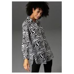 Longbluse Aniston CASUAL Gr. 42, schwarz-weiß (weiß, schwarz), Damen, Web, Obermaterial: 100% Viskose, gemustert, animal-print, Blusen, im Zebra-Steifen-Look