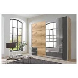 Schwebetürenschrank wimex "Emden moderner Kleiderschrank mit Spiegel und Schubladen BESTSELLER" Schränke Gr. B/H/T: 225cm x 210cm x 64cm, 2, grau (plankeneiche nachbildung/graphit) Schlafzimmer Schrank Garderobenschrank mit Schwebetüren Topseller