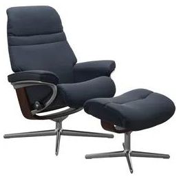 Relaxsessel stressless "Sunrise" Sessel Gr. Leder PALOMA, Cross Base Braun, Relaxfunktion-Drehfunktion-PlusTMSystem-Gleitsystem-BalanceAdaptTM, B/H/T: 83cm x 105cm x 74cm, blau (oxford blue paloma) mit Hocker, Cross Base, Größe S, M & L, Holzakzent Braun