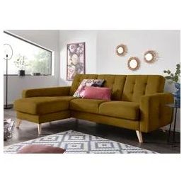 Ecksofa exxpo - SOFA FASHION "Nappa, kompakt und komfortabel, bequem, zeitloses Design, L-Form" Sofas Gr. B/H/T: 222cm x 87cm x 156cm, Samtvelours, Recamiere links, mit Bettfunktion-mit Bettkasten, gelb (mustard) tolle Detailverarbeitung, inkl. Bettfunktion und Bettkasten