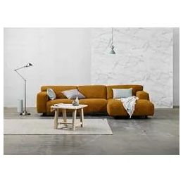 Ecksofa furninova "Vesta, modern und sehr bequem, tolle Detailverarbeitung, L-Form" Sofas Gr. B/H/T: 300 cm x 74 cm x 160 cm, Velours, Recamiere rechts, ohne Bettfunktion, gelb (mustard) im skandinavischen Design