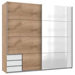 Schwebetürenschrank wimex "Emden moderner Kleiderschrank mit Spiegel und Schubladen BESTSELLER" Schränke Gr. B/H/T: 225cm x 210cm x 64cm, 2, braun (plankeneiche nachbildung/weiß) Schlafzimmer Schrank Garderobenschrank mit Schwebetüren Topseller