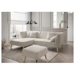 Ecksofa Inosign "Colori L-Form" Sofas Gr. B/H/T: 264cm x 80cm x 160cm, Microfaser, Recamiere links, Fußfarbe natur-Recamiere links, beige (creme) Holzfußfarbe wählbar, inkl. 4x Zierkissen