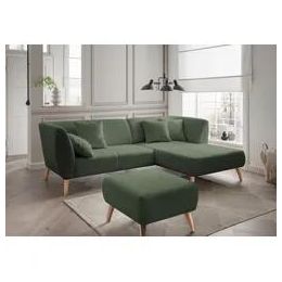 Ecksofa Inosign "Colori L-Form", grün (moosgrün), B:264cm H:80cm T:160cm, 100% Polyester, Sofas, Holzfußfarbe wählbar, inkl. 4x Zierkissen