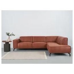 Ecksofa Places of Style "Lorcan, 275 cm, Ottomane" Sofas Gr. B/H/T: 275 cm x 77 cm x 210 cm, Kunstleder, Ottomane rechts, braun (cognac) mit schwarzen Metallfüßen, Lederoptik und in weichem Strukturstoff