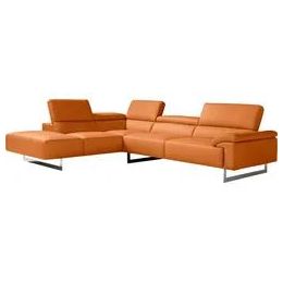 Ecksofa Egoitaliano "Malika" Sofas Gr. B/H/T: 300cm x 94cm x 107cm, Leder BULL, Ottomane links, mit Kopfteilverstellung, orange mit Ottomane, inkl. Kopfteilverstellung und chromfarbenen Metallfüßen