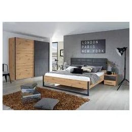 Bett Rauch "Tampa" Betten Gr. Liegefläche B/L: 180 cm x 200 cm Betthöhe: 43,9 cm, kein Härtegrad, ohne Matratze, braun (eichefarben artisan, lederoptik dunkelgrau, bettkufe grau metallic gepulvert) im modernen Industrial Style, Bettenkufe aus Metall