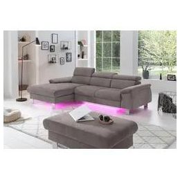 Ecksofa COTTA "Komaris L-Form" Sofas Gr. B/H/T: 244cm x 72cm x 166cm, Microfaser PRIMABELLE, Recamiere links, ohne Bettfunktion-ohne Bettkasten-mit RGB-LED-Beleuchtung, grau mit Kopfteilverstellung, wahlweise Bettfunktion,Stauraum & Beleuchtung