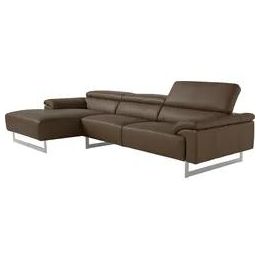 Ecksofa Egoitaliano "Malika, L-Form" Sofas Gr. B/H/T: 287cm x 94cm x 165cm, Leder BULL, Recamiere links, mit Kopfteilverstellung, braun (chocolate) mit Recamiere, inkl. Kopfteilverstellung und chromfarbenen Metallfüßen