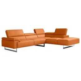 Ecksofa Egoitaliano "Malika" Sofas Gr. B/H/T: 300cm x 94cm x 107cm, Leder BULL, Ottomane rechts, mit Kopfteilverstellung, orange mit Ottomane, inkl. Kopfteilverstellung und chromfarbenen Metallfüßen