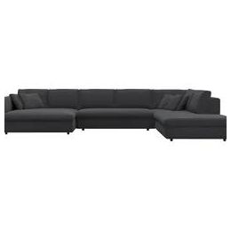 Wohnlandschaft FLEXLUX "Lovane, U-Form, bequem und komfortabel" Sofas Gr. B/H/T: 400cm x 84cm x 272cm, Lederoptik, langer Schenkel rechts, grau (shark grey) Weich & anschmiegsam, große Sitztiefe auf Kaltschaum, Dekokissen inkl.