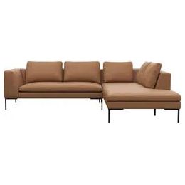 Ecksofa FLEXLUX "Loano, superbequemer Sitzkomfort durch Kaltschaum im Sitz" Sofas Gr. B/H/T: 284cm x 86cm x 230cm, Echtleder, lange Ottomane rechts, braun (modern cognac brown) modernes Sofa, frei im Raum stellbar, lose Kissen