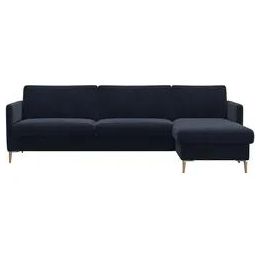 Ecksofa FLEXLUX "Fiore, super Sitzkomfort durch Kaltschaum im Sitz, L-Form" Sofas Gr. B/H/T: 247cm x 85cm x 92cm, Velvet, Chaiselongue rechts, blau (royal blau) schmale Armlehnen, Füße Alu+ Eiche