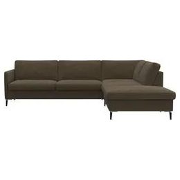 Ecksofa FLEXLUX "Fiore, super Sitzkomfort durch Kaltschaum im Sitz, L-Form" Sofas Gr. B/H/T: 266cm x 85cm x 225cm, Lederoptik, Ottomane rechts, braun (camel brown) schmale Armlehnen, Füße Alu+schwarz