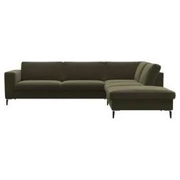 Ecksofa FLEXLUX "Fiore, super Sitzkomfort durch Kaltschaum im Sitz, L-Form" Sofas Gr. B/H/T: 273cm x 85cm x 225cm, Velvet, Ottomane rechts, grün (moss grün) breite Armlehnen, Füße Alu+schwarz