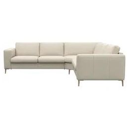 Ecksofa FLEXLUX "Fiore, gleichschenklig, super Sitzkomfort durch Kaltschaum im Sitz" Sofas Gr. B/H/T: 257cm x 85cm x 92cm, Echtleder, Schenkel links, weiß (warm white) breite Armlehnen, Füße Alu+ Eiche, L-Form