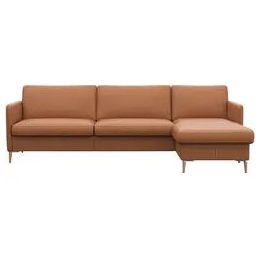 Ecksofa FLEXLUX "Fiore, super Sitzkomfort durch Kaltschaum im Sitz, L-Form" Sofas Gr. B/H/T: 247cm x 85cm x 92cm, Echtleder, Chaiselongue rechts, braun (modern cogna) schmale Armlehnen, Füße Alu+ Eiche