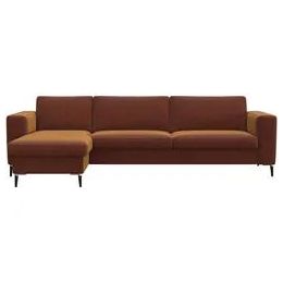 Ecksofa FLEXLUX "Fiore, super Sitzkomfort durch Kaltschaum im Sitz, L-Form" Sofas Gr. B/H/T: 262cm x 85cm x 92cm, Velvet, Chaiselongue links, braun (cognac) breite Armlehnen, Kaltschaum, Füße Alu+schwarz